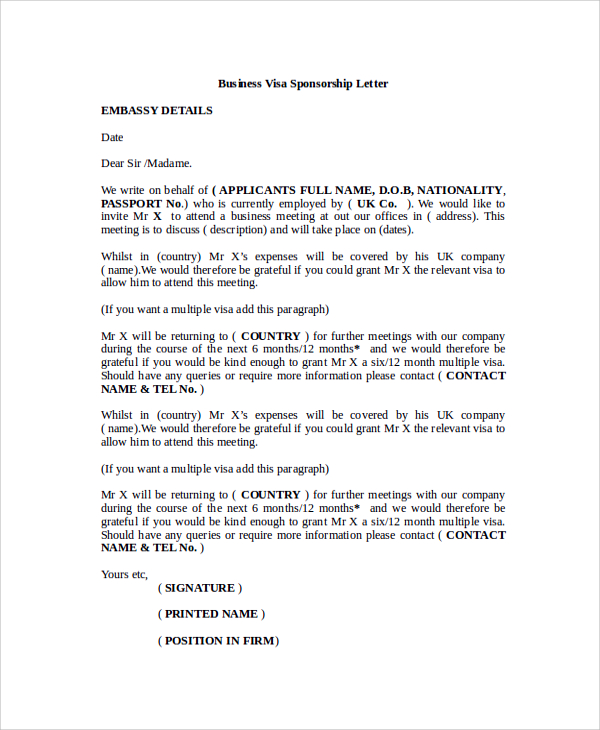 FREE 12 Sample Visa Sponsorship Letter Templates In PDF MS Word Google Docs Pages