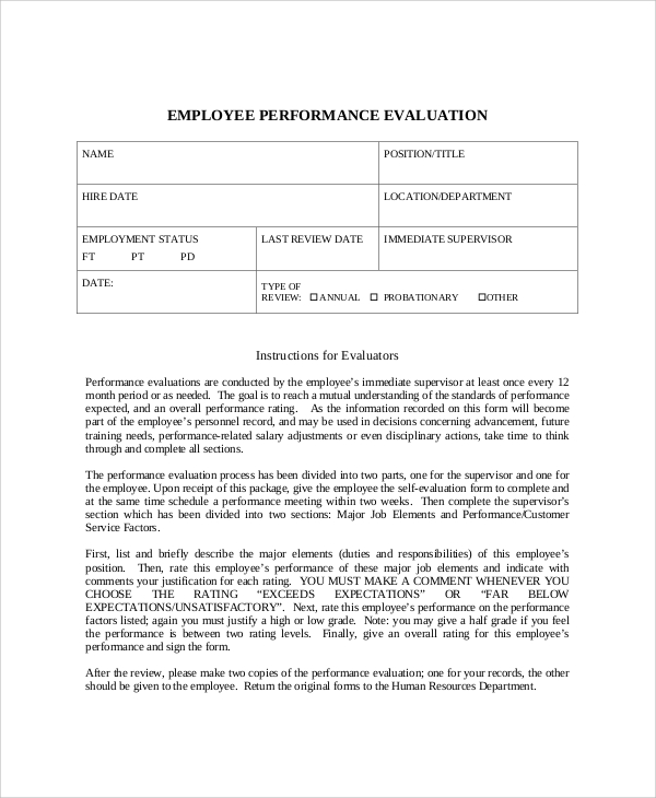 FREE 6 Sample Employee Performance Evaluation Templates In PDF MS Word