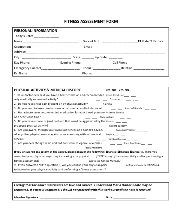 Printable Fitness Assessment Form Printable Forms Free Online