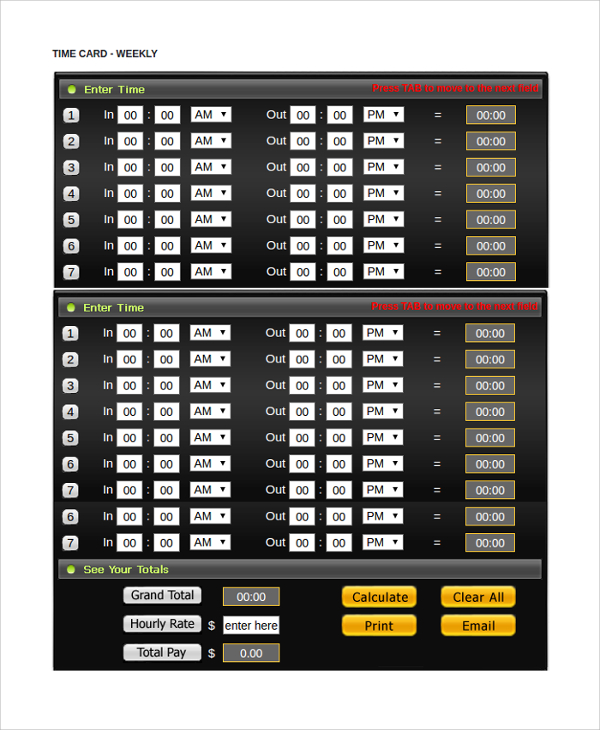 FREE 20 Sample Time Card Calculator Templates In PDF Excel