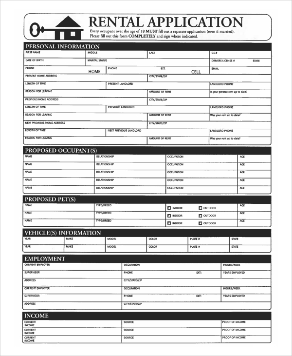 Printable Simple Rental Application Form