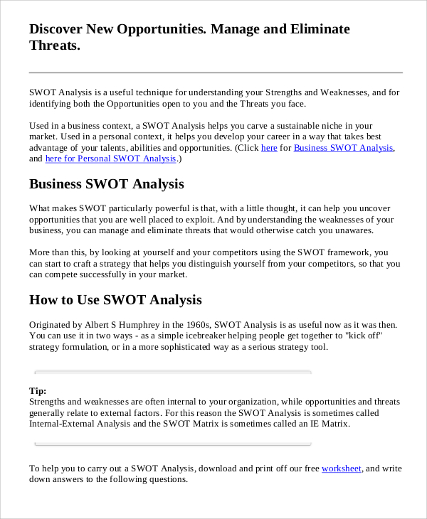 FREE 6 Sample Business Swot Analysis Templates In PDF MS Word 