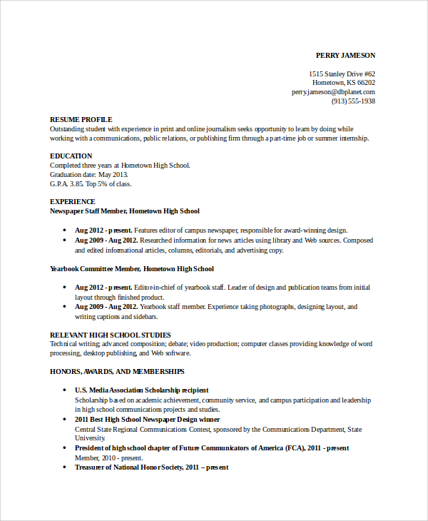 8 High School Student Resume Samples Sample Templates