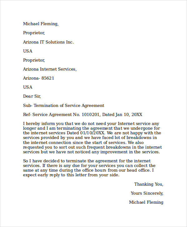 Service Termination Letter Template