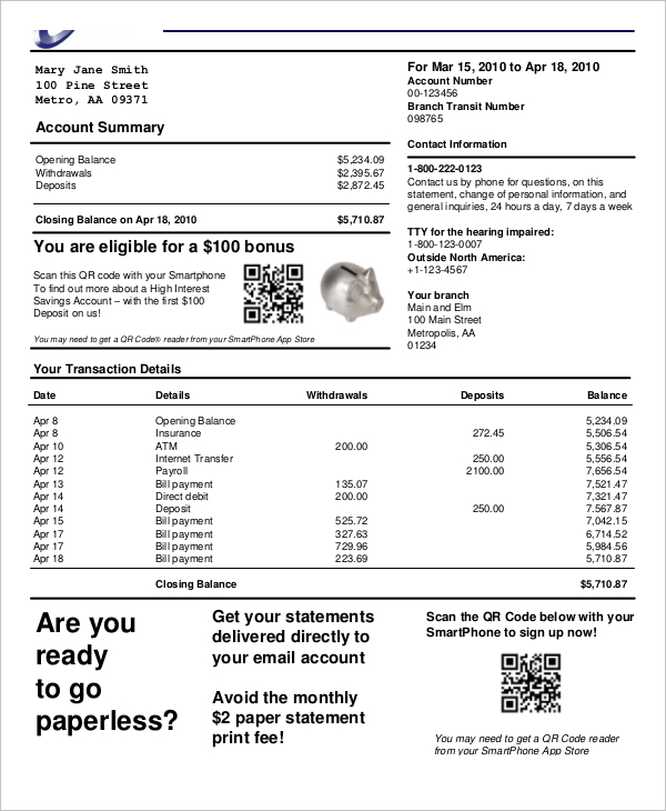 Sample Bank Statements Template Database