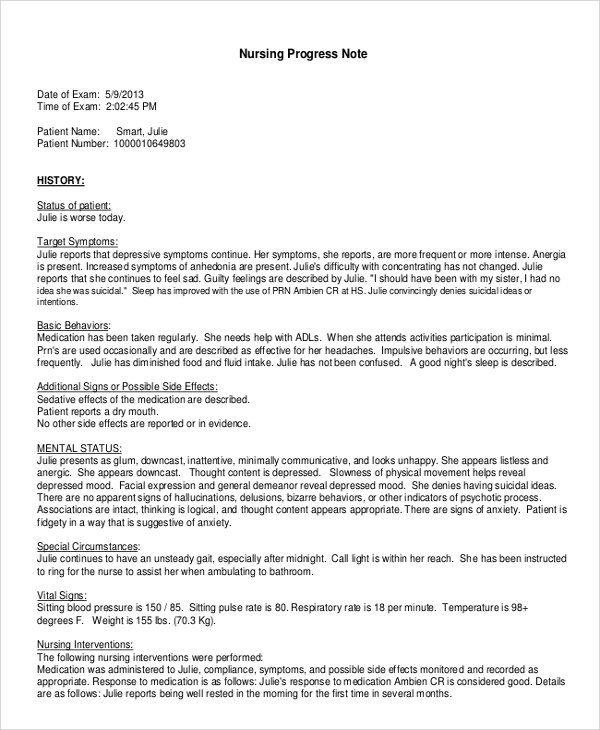 Sample Of Nurses Notes Documentation Sample Site E