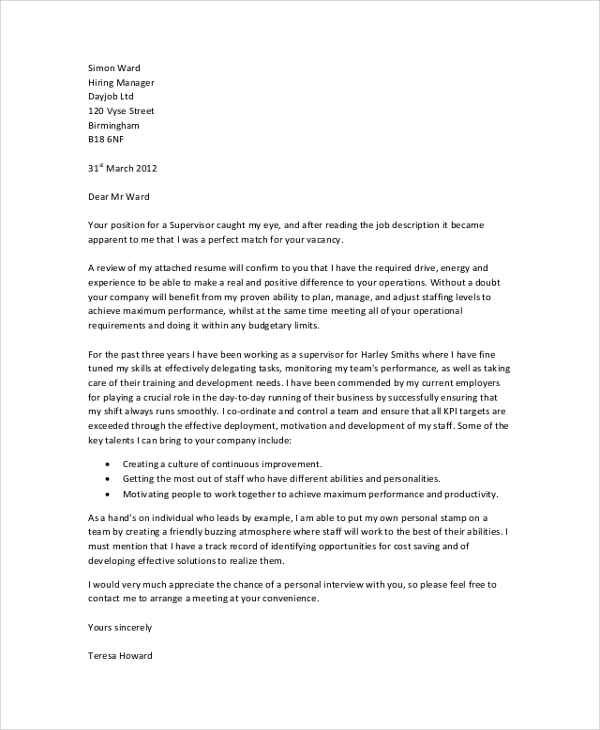 Top Cover Letter Examples For Supervisor Position Pics Gover