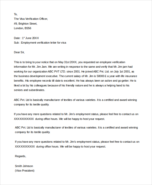 Visa Letter From Employer Sample Sample Employment Verification 