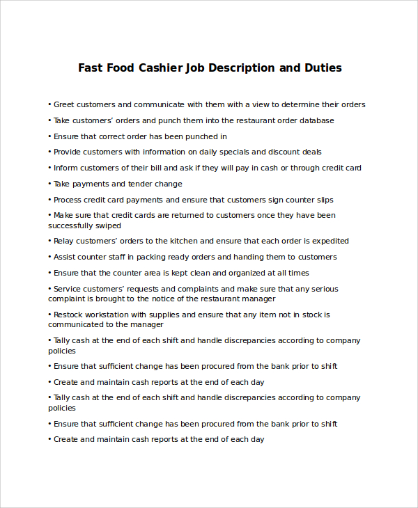FREE 11 Sample Cashier Job Descriptions In PDF MS Word