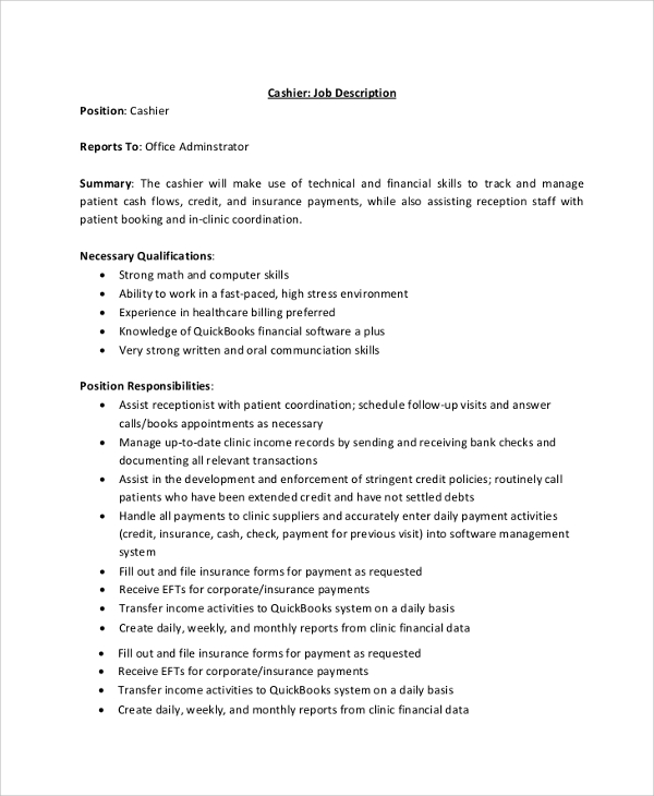 FREE 11 Sample Cashier Job Descriptions In PDF MS Word