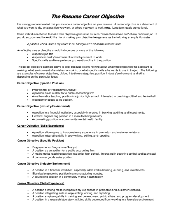 FREE 8 Sample Objective For Resume Templates In PDF MS Word