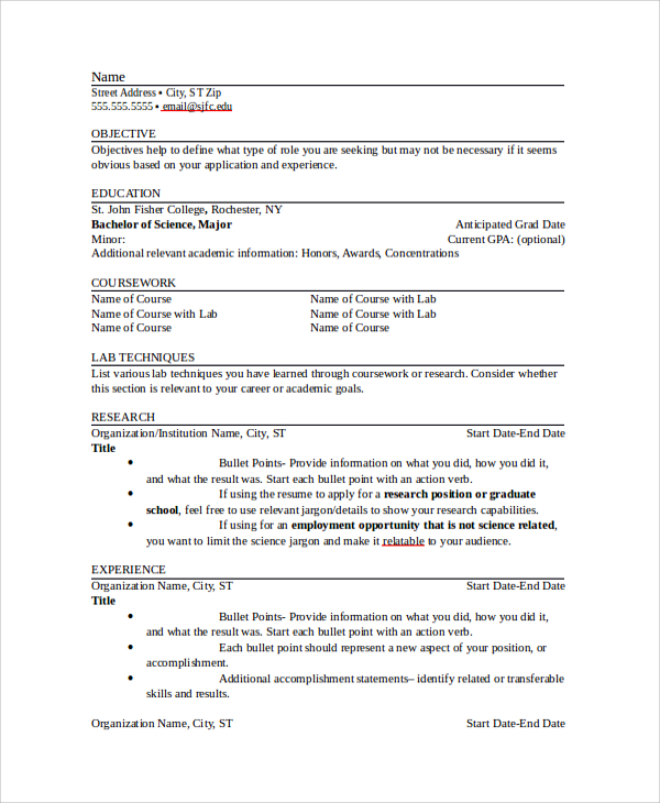 Sample Resume Template Word Database