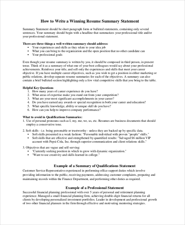 FREE 7 Resume Summary Samples In PDF MS Word