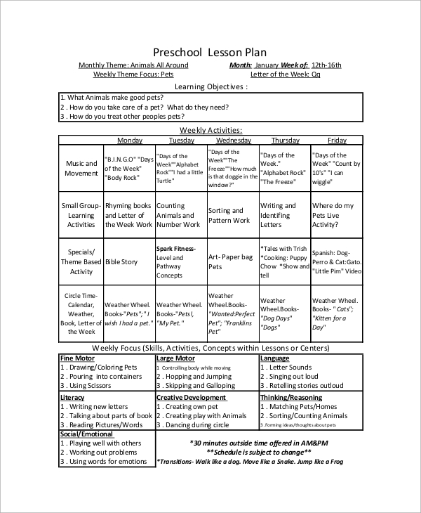 Lesson Plan Objectives Preschool
