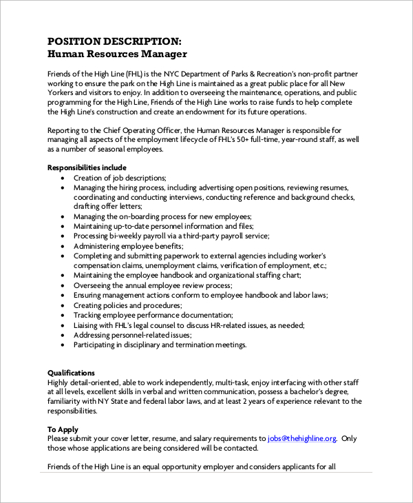 FREE 11 Sample Human Resources Job Description Templates In PDF