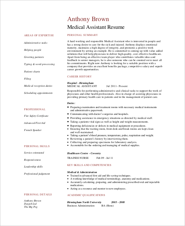 FREE 8 Sample Medical Assistant Resume Templates In PDF MS Word