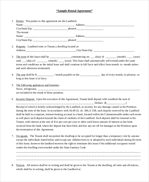 FREE 9 Rental Agreement Samples In MS Word PDF