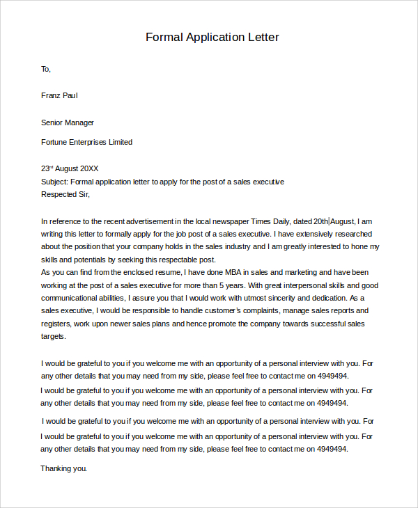 Format Of Application Formal Letter