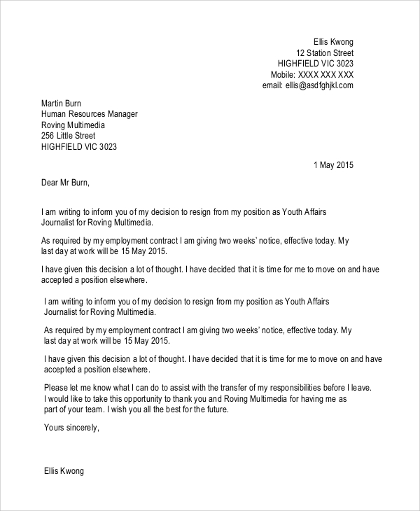 Example Of 2 Week Notice To Employer Sample Resignation Letter