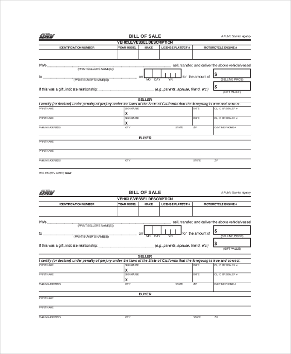 FREE 8 Sample DMV Bill Of Sale Templates In PDF MS Word