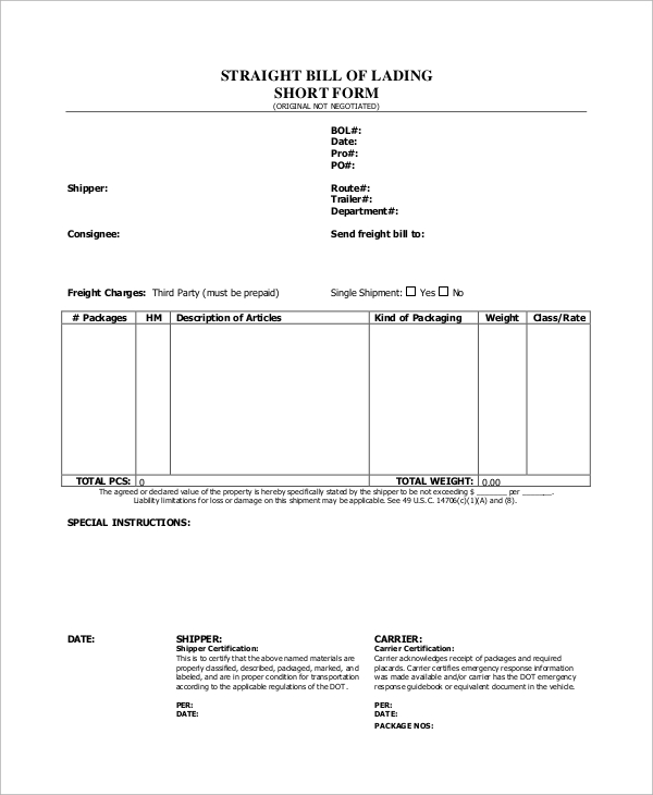 FREE 8 Sample Bill Of Lading Forms In MS Word PDF