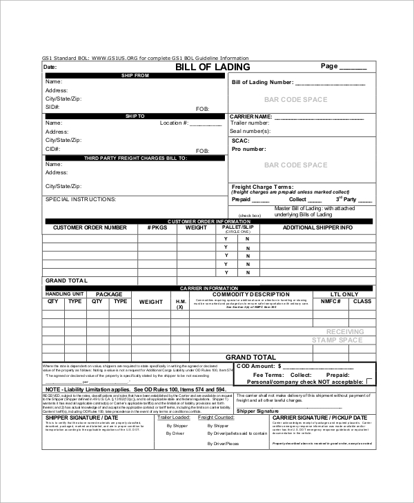 FREE 8 Sample Bill Of Lading Forms In MS Word PDF