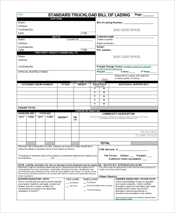 Bill Of Lading Short Form Template Excel Collection