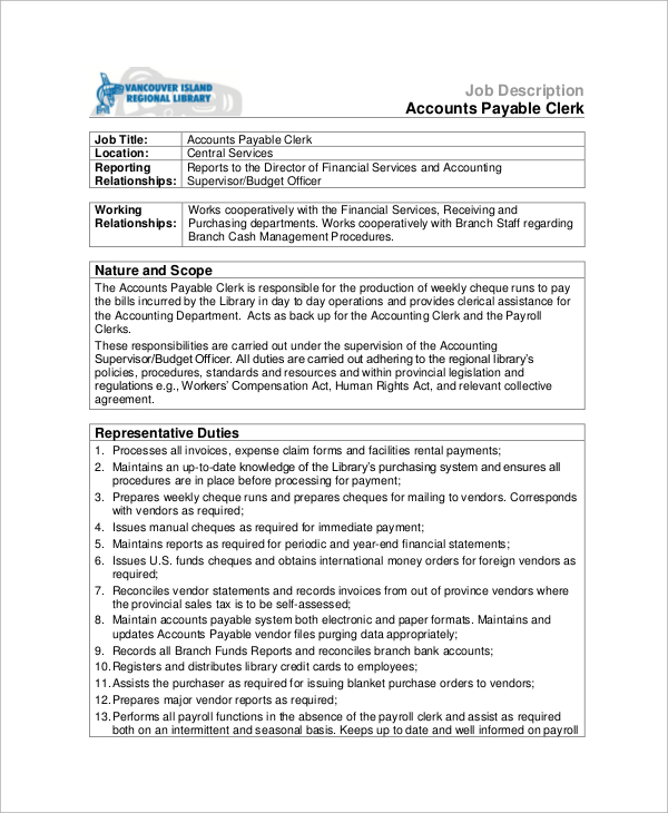 FREE 9 Sample Accounts Payable Job Description Templates In MS Word PDF