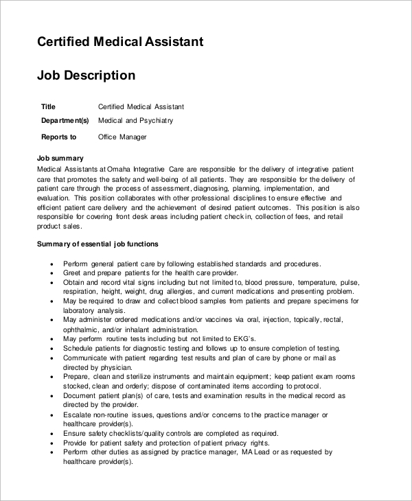 FREE 8 Sample Medical Assistant Job Description Templates In PDF