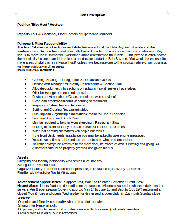 FREE 9 Sample Hostess Job Descriptions In PDF MS Word