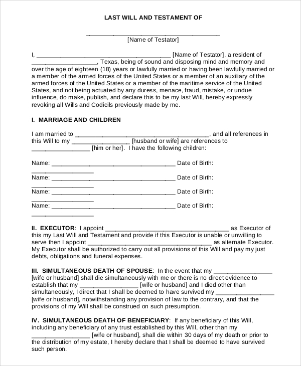 Printable Last Will And Testament Forms Printable Forms Free Online