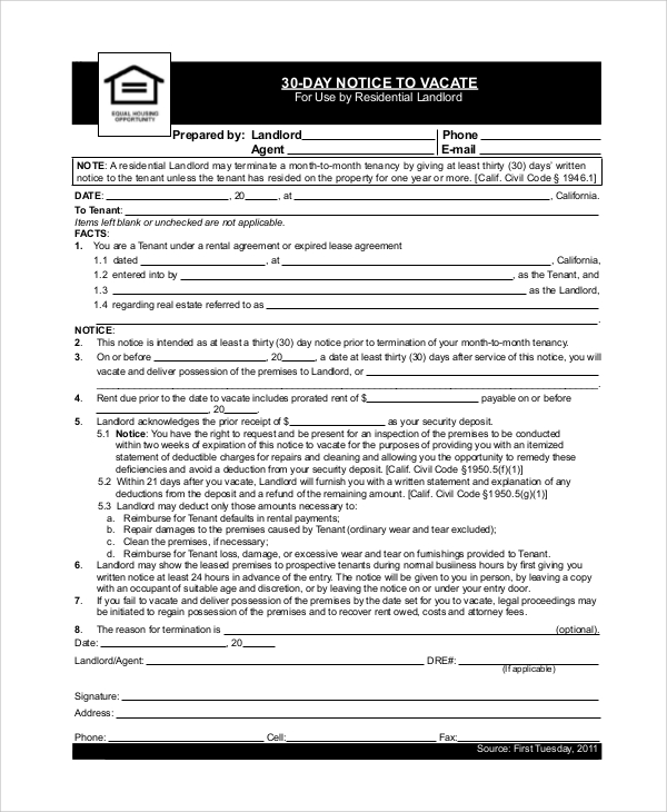 FREE 9 Sample 30 Day Notice Templates In MS Word PDF
