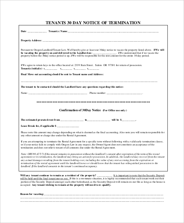 FREE 9 Sample 30 Day Notice Templates In MS Word PDF