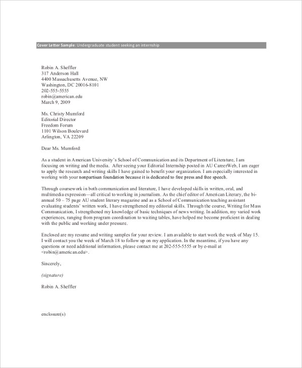 Cover Letter Examples For An Internship Collection Letter Template 