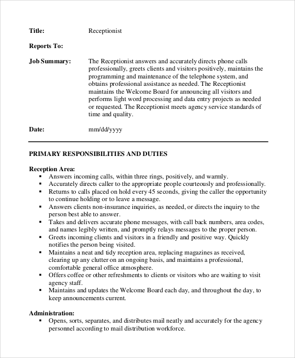 FREE 7 Sample Receptionist Resume Templates In PDF MS Word