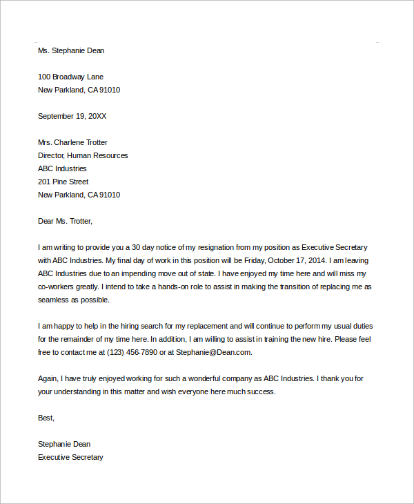 30 Day Resignation Letter Sample Resignation Letter