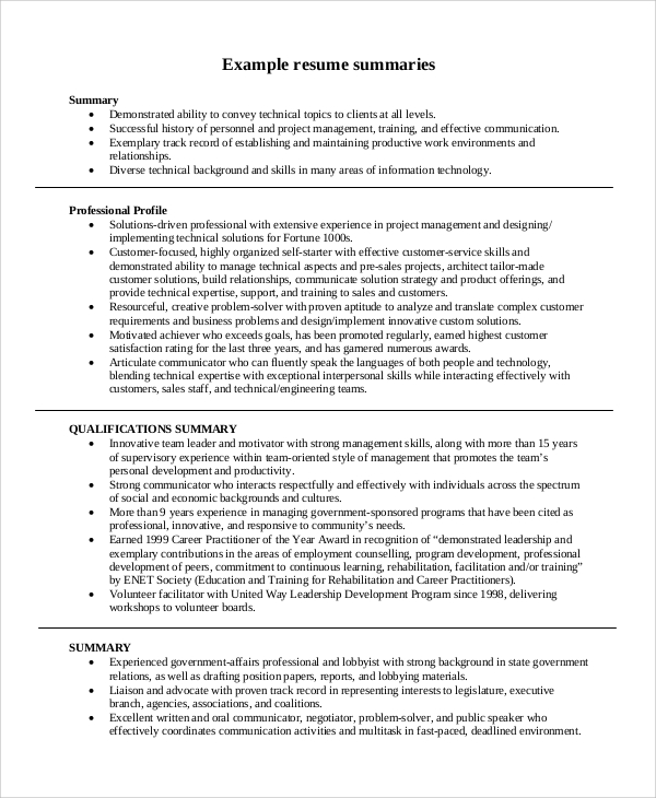 FREE 8 Sample Summary For Resume Templates In MS Word PDF