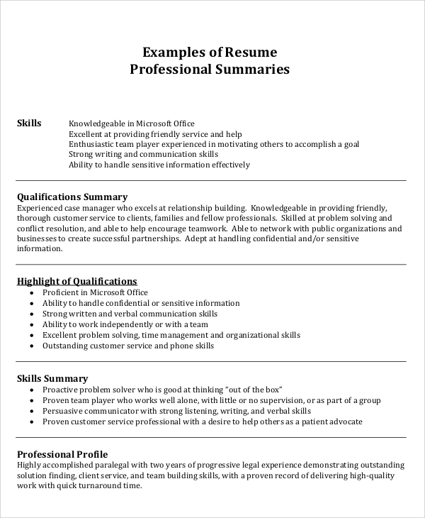 FREE 8 Sample Summary For Resume Templates In MS Word PDF