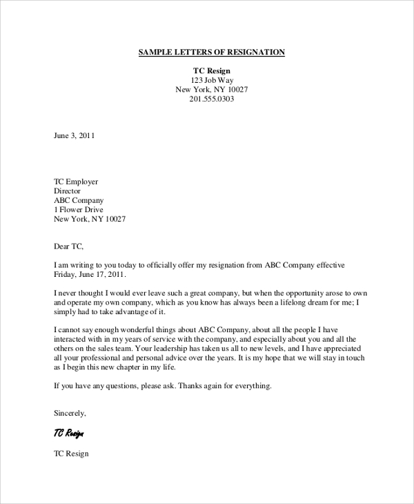 FREE 4 Sample Resignation Letter Templates In MS Word PDF