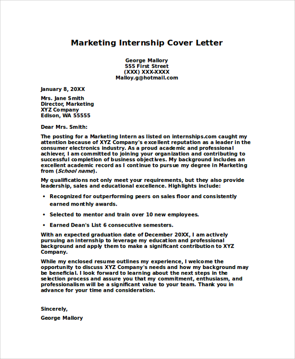 Cover Letter For Internship Template Database