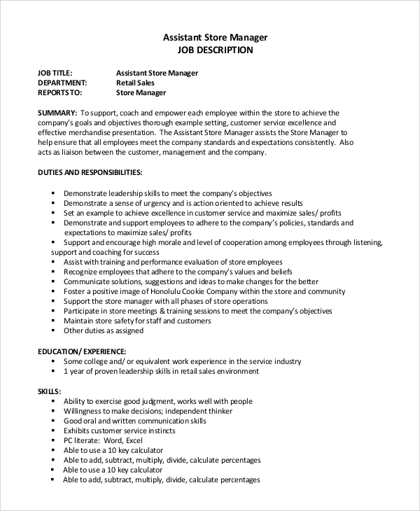 Retail Managers Job Description Mryn Ism
