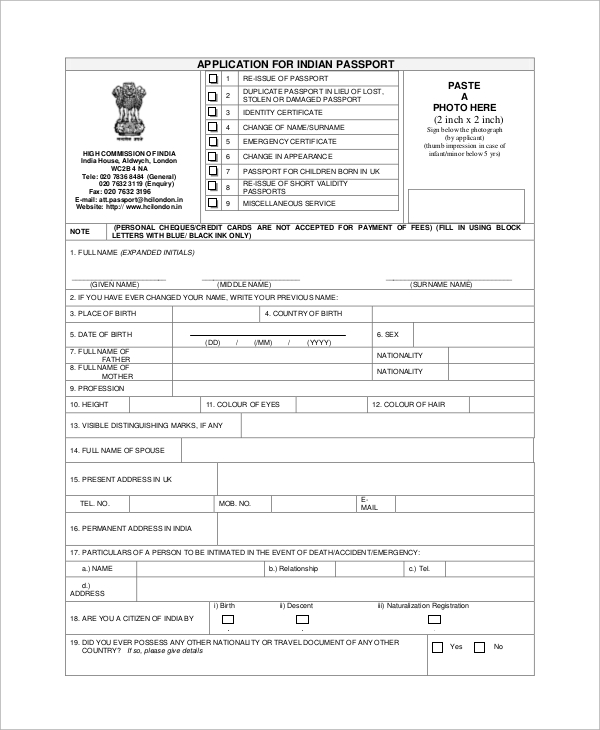 Application Form Sample Passport India HQ Printable Documents