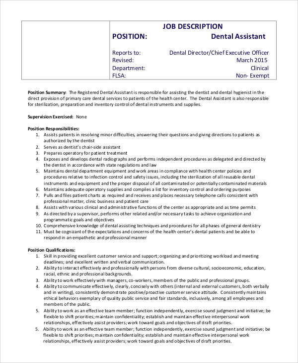 FREE 8 Sample Dental Assistant Job Description Templates In PDF MS Word FREE 8 Sample Dental Assistant Job Description Templates In PDF MS Word