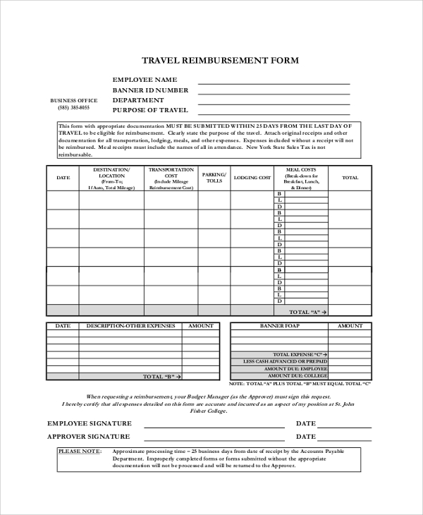 FREE 9 Sample Reimbursement Forms In PDF MS Word Excel