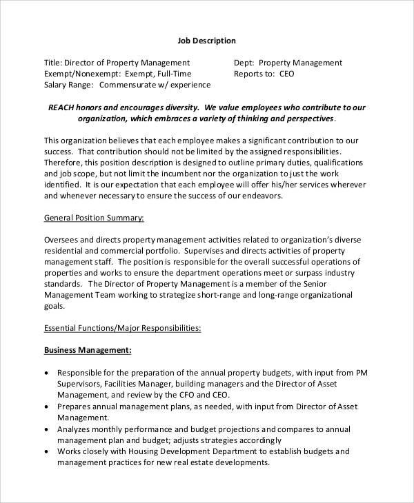 FREE 9 Sample Property Manager Job Description Templates In PDF MS Word