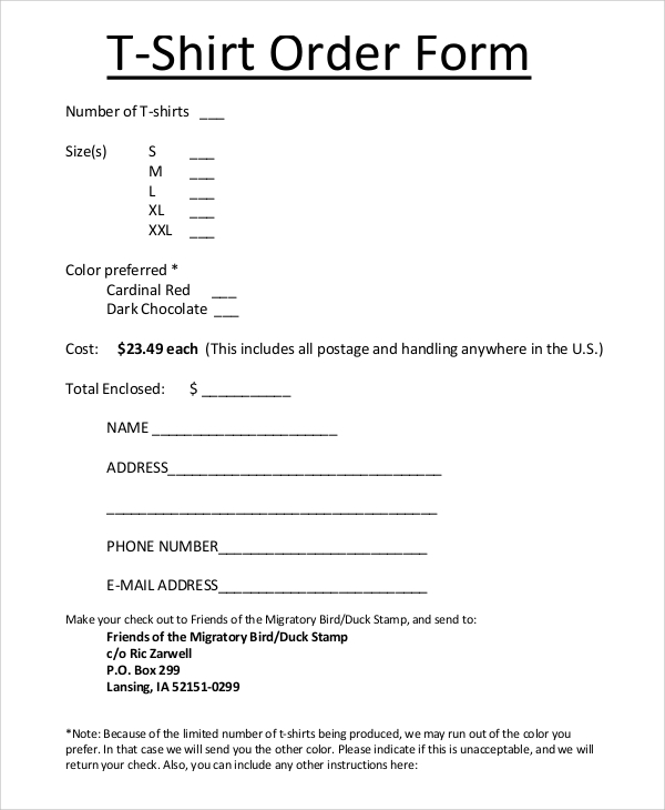 Free T Shirt Order Form Template Download T Shirt Design Printable T 