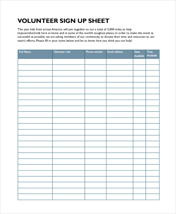 Volunteer Sign In Sheet Template