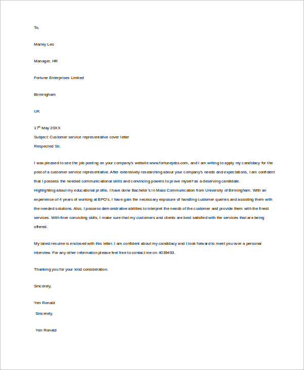 Cover Letter Customer Service Representative