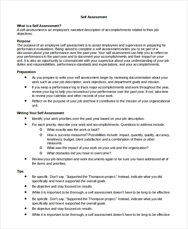 FREE 9 Self Assessment Samples In PDF MS Word Excel