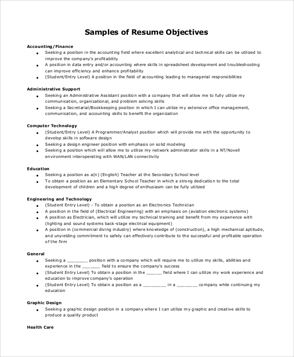FREE 9 Sample Resume Objective Templates In PDF MS Word